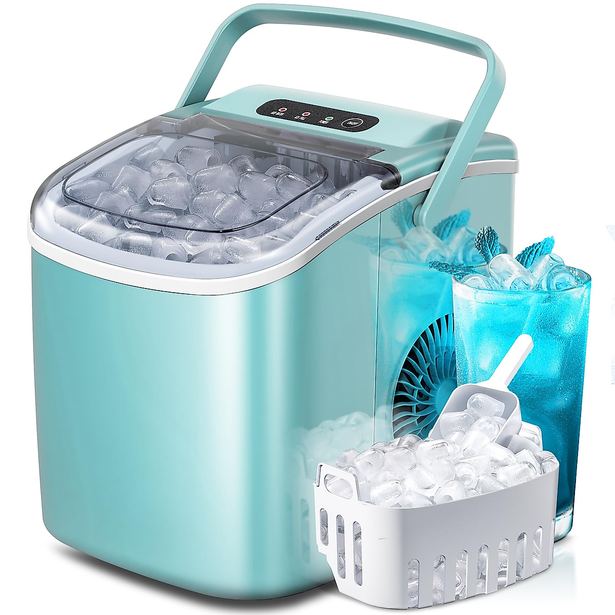 Portable Ice Maker Machine with Handle, 26lbs/24Hrs, 6Mins/9 Ice Cubes, Self-Cleaning with Basket/Scoop, Countertop Ice Makers for Home/Kitchen/Office(Green)