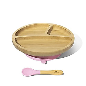 Avanchy® Toddler Baby Plates Divided Bamboo, Suction for Babies Kids with Silicone Spoon for Feeding Food, Pink