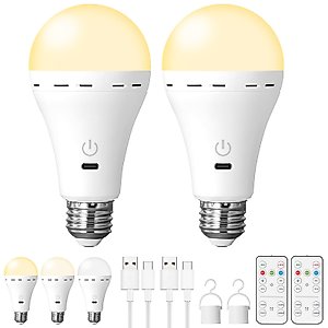 HOJOYRI 2Packs Magic Rechargeable Light Bulbs with Remote Control, E26 Cordless Battery Operated Light Bulb for Lamps, Wireless No Electricity Smart Battery Powered LED Bulb, 2200mAh/Dimmable/Timer