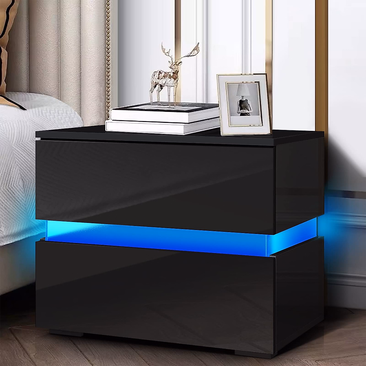 HOMMPA LED Nightstand with 2 Drawers Modern Black Bedside Table Nightstand with Storage Cabinet High Gloss Night Table with 16 Colors LED End Table Smart Nightstand for Bedroom Furniture