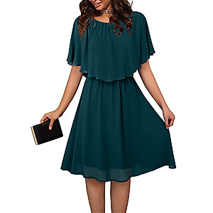 Bodhi talk Dresses for Women 2023 Wedding Guest Boat Neck Solid Color Casual Chiffon Dress Sleeveless Cape Dresses Peacock Green Large