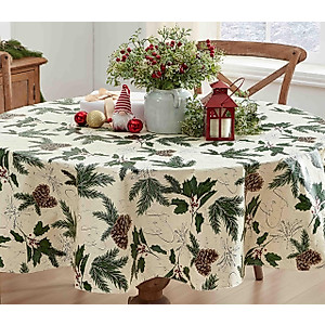 Newbridge Joyful Holly Country Rustic Vinyl Christmas Tablecloth with Flannel Backing, Holly and Berries Winter Holiday Vinyl Flannel Back Tablecloth, 70 Inch Round