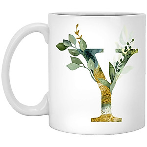 Alpha/Y Graphic Letter Y Coffee Mug - Alphabet Letter Monogram Y - Gold Shimmer Any Letter Floral Alphabet Tea Coffee Hot Chocolate Cup For Her Birthday Christmas Mothers Day Coffee Mug 11oz