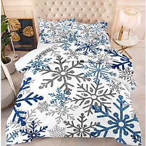 Yilinata Blue Snowflake Comforter Set Winter Christmas Frozen Printed Quilt Bedding Set with 1 Comforter and 2 Pillow Covers for Bedroom Dormroom All Season King 104x90inches