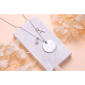 DAOCHONG Easter Gift Religious Jewelry 925 Sterling Silver I Am a Child of God Laser Engraved Round Plate Pendant Necklace with Cross Charm, 18 + 2 inches