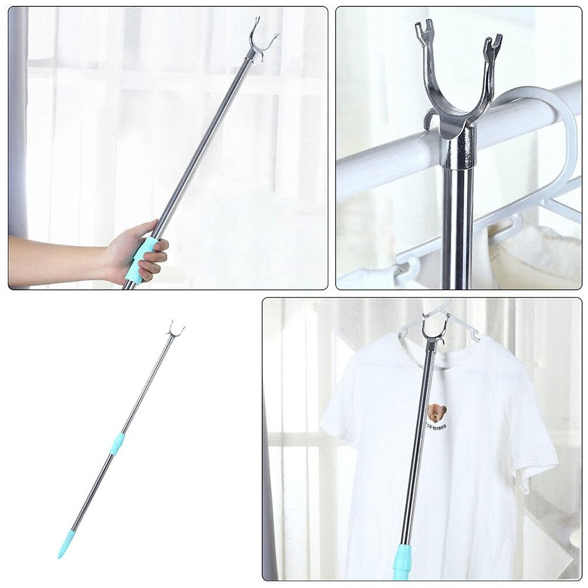 Cabilock Long Reach Stick Pole with Hook Reach Pole Hook Retractable Clothesline Prop Telescopic Handle Clothing Hook Garment Pole Stainless Steel Clothes Rod Laundry Hanging Assist Tool