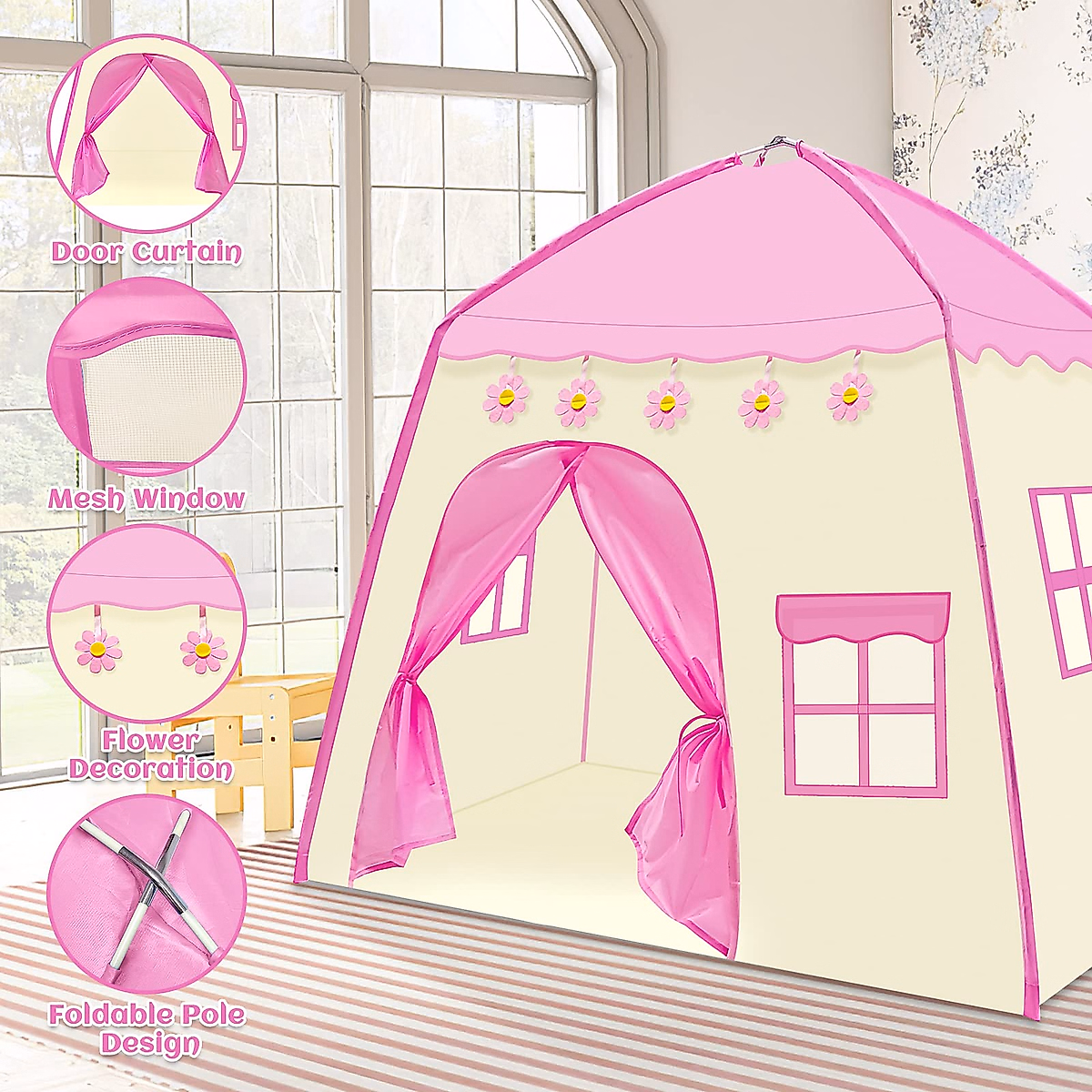 deAO Kids Play Tent Kids Playhouse Indoor Outdoor Toddler Tent Princess & Prince Castle Playhouse Fairy Tale Teepee Gift Tent Oxford Fabric Pink