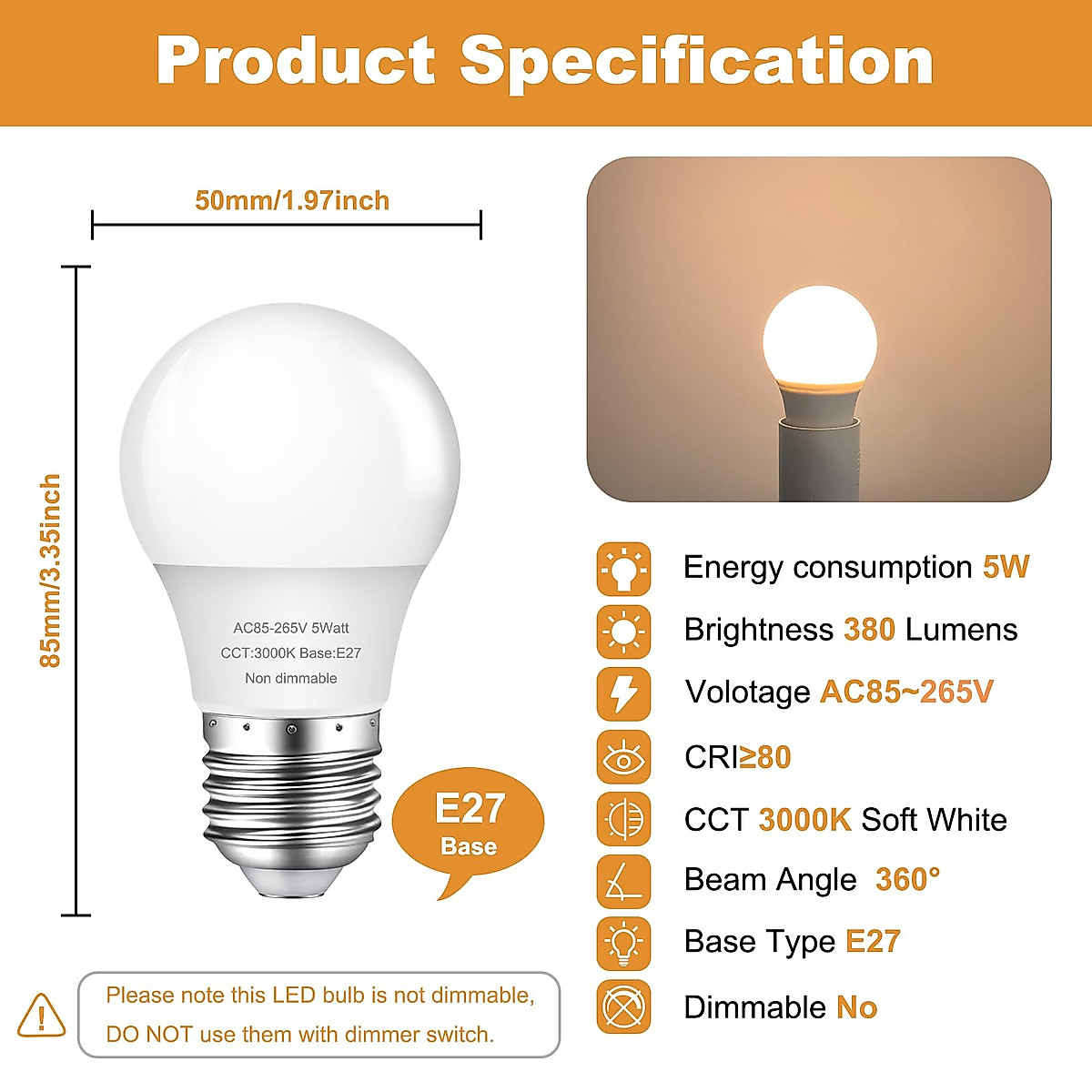 MZyoyo A15 LED Light Bulb,E27 LED Bulbs,5W Ceiling Fan Light Bulbs,Small Light Bulb for Ceiling Fan Home Bedroom Living Room,Equivalent 40 Watt Appliance Light Bulb,3000K Soft White,AC85-265V,6 Pack