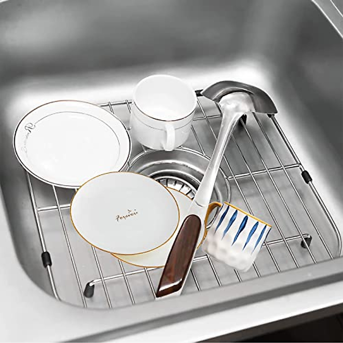 Orgneas Sink Protectors for Kitchen Sink, Universal Double Bowl Sink Bottom Grid 13.2"x11.6"x1.25", 304 Premium Stainless Steel Kitchen Sink Protector Grid Sink Grate Rack Centered Drain 2 Packs