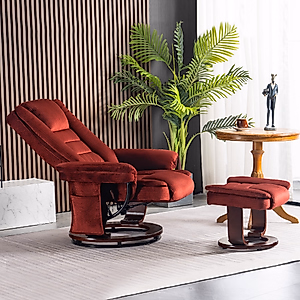 MCombo Recliner Chair with Ottoman, Fabric Accent Chair with Vibration Massage, Swivel Chair with Wood Base, for Living Reading Room Bedroom, 9099 (Burgundy)