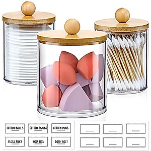 VITEVER 3 Pack Qtip Holder Dispenser with Bamboo Lids - Apothecary Jar Containers for Vanity Organizer Storage - Bathroom Accessories Set for Cotton Swab, Ball, Pads, Floss