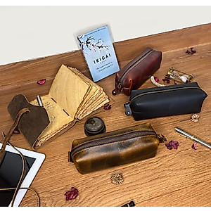 RUSTIC TOWN Leather Pencil Case - Handcrafted Full-Grain Zipper Leather Pen Pencil Holder - Elegant & Practical Pencil Pouch for Work & Office