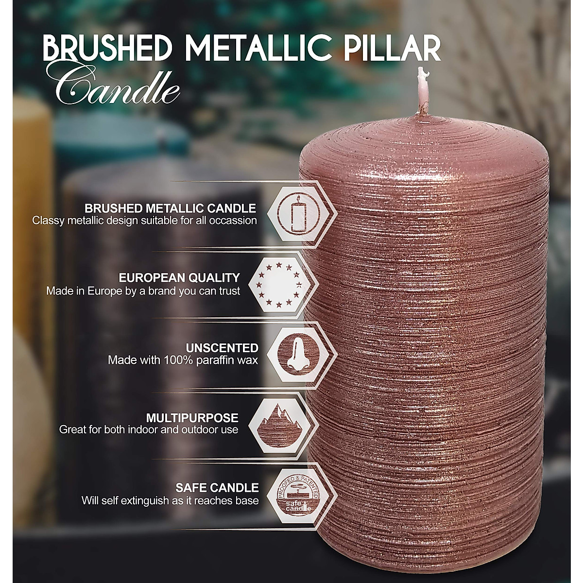 Hyoola Brushed Metallic Pillar Candles - 6 Pack - Rose Pink Pillar Candles - European Made Decorative Pillar Candles - 2.75 Inch x 5 Inch