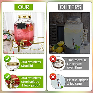 Lallisa 2 Pcs 2 Gallon Glass Drink Dispenser with Stand Ice Cylinder Hanging Chalkboard Signs 18/8 Stainless Steel Spigot Beverage Dispensers for Parties Mason Jar Drink Lemonade (Gold)