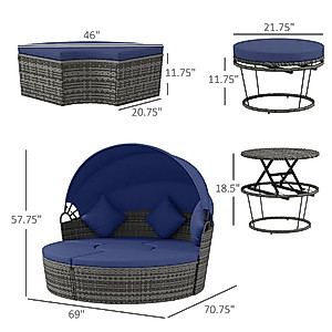 Outsunny 4 Piece Round Rattan Daybed, Convertible Patio Furniture Set, Adjustable Sun Canopy, Sectional Outdoor Sofa, 2 Chairs, Extending Tea Table Ottoman Chair, 3 Pillows, Dark Blue