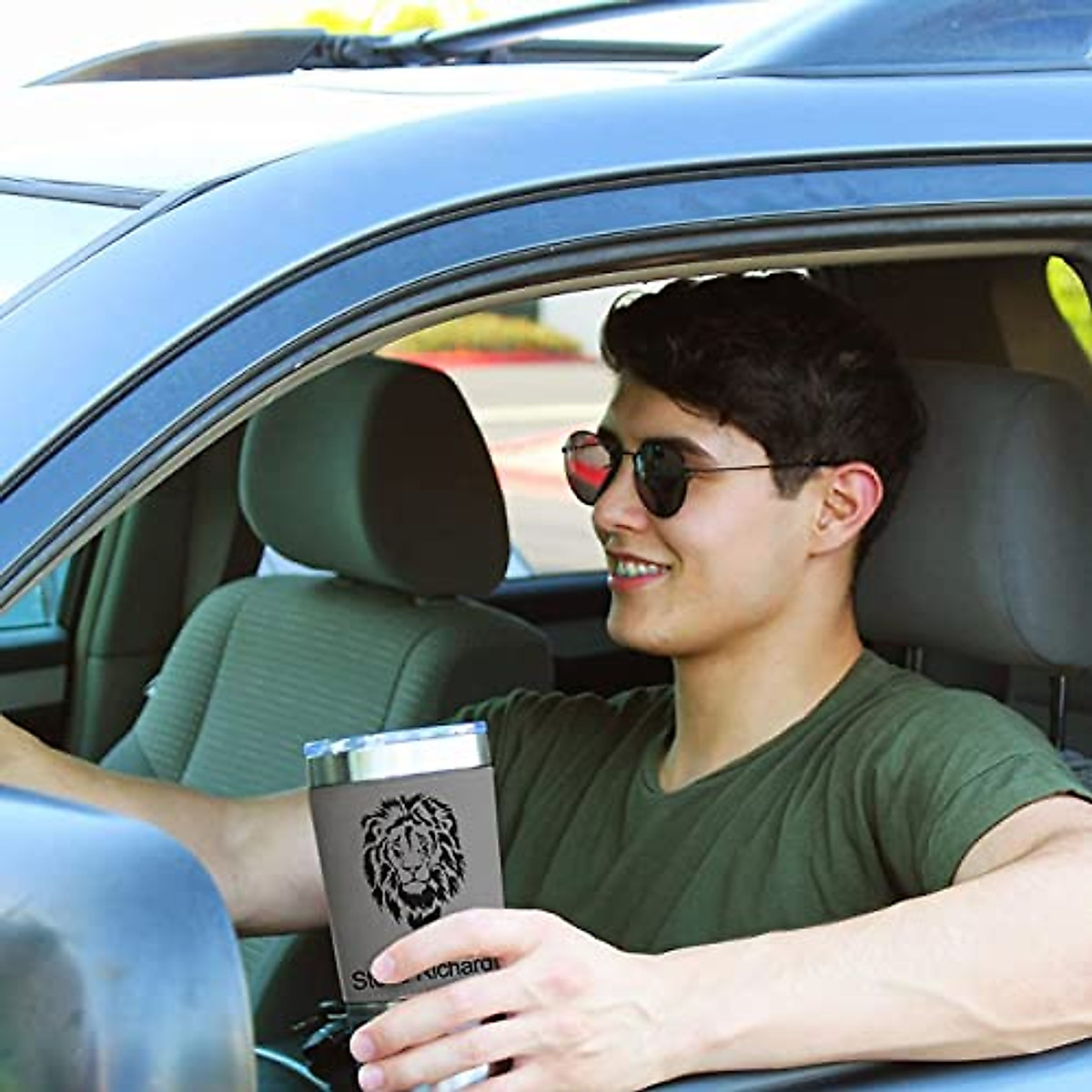 LaserGram 20oz Vacuum Insulated Tumbler Mug, Penguin, Personalized Engraving Included (Faux Leather, Gray)