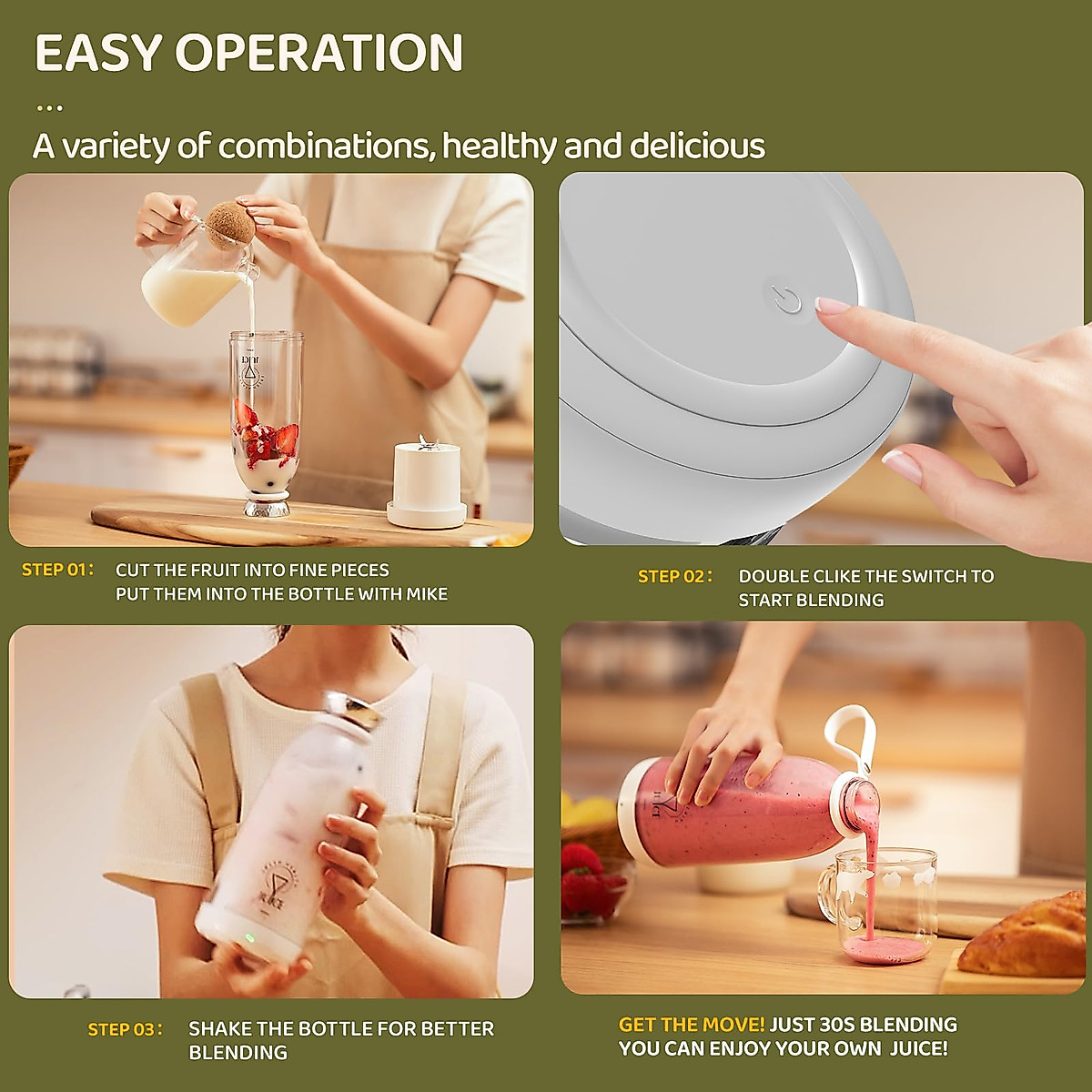 Asa Vea Mini Blender for Smoothies and Milkshakes, Portable Blender, Rechargeable, Personal Size Blender with Quota Outer Travel Lid with 6 Blades, 17 oz for Outdoors, Camping (Black-550ml)