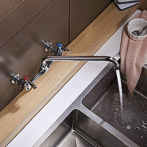 Kitchen Faucet Wall Mount Commercial Sink Faucet Kitchen Utility Laundry 8 Inch Swivel Spout 2 Dual Handle Restaurant Chrome Mixer Tap