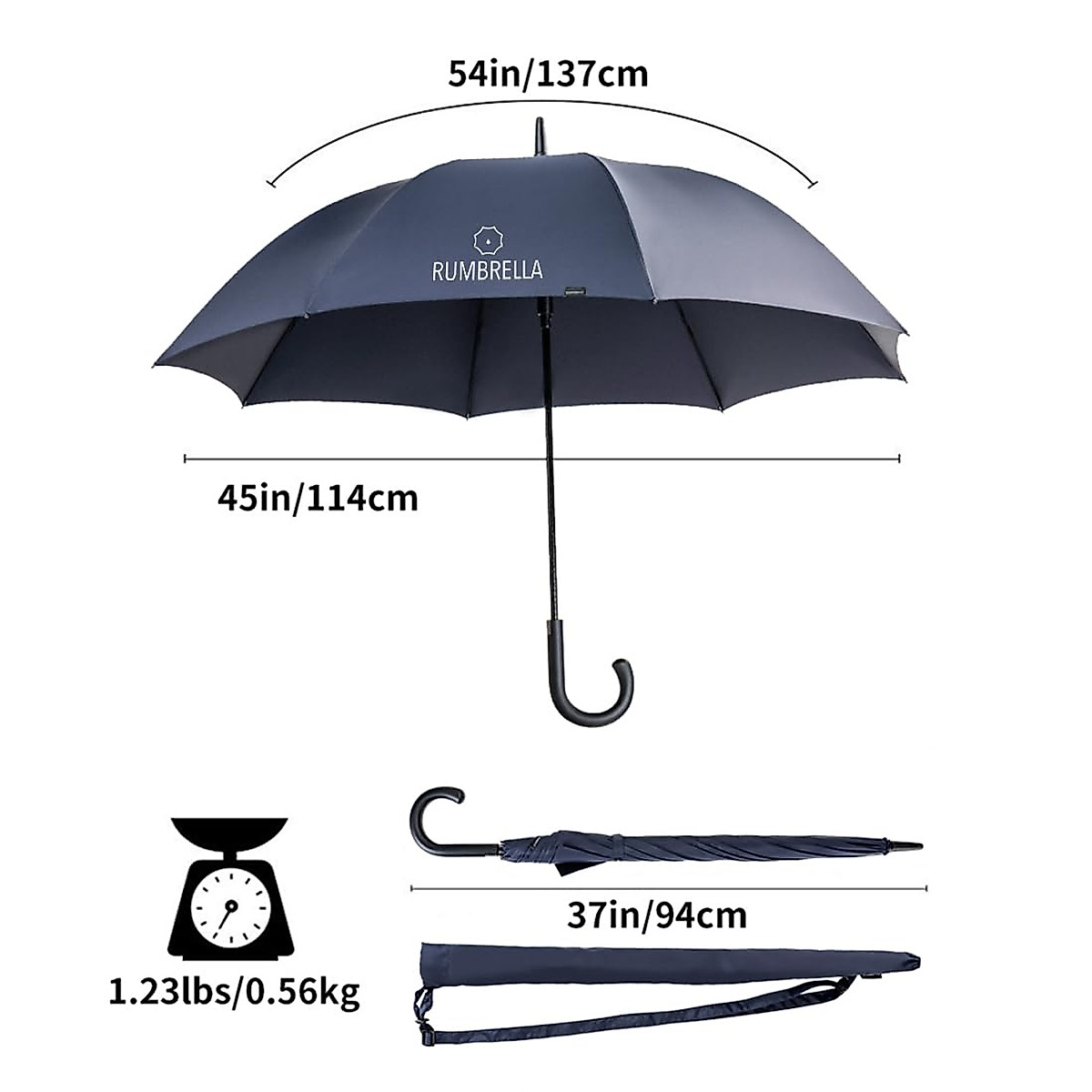 RUMBRELLA Navy Blue Hook Handle Umbrella Windproof UPF 50+, j Stick UV Umbrellas Auto Open 54IN
