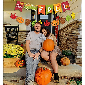 CAVLA Hello Fall Banner and Glittery Maple Leaves Pumpkin Acorns Patterns Banner Autumn Harvest Bunting Banner with Pumpkin Truck Signs Fall Thanksgiving Party Banner for Wall Mantel Fireplace Party