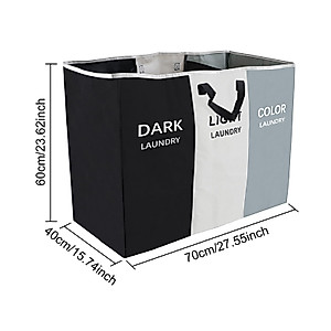 168L Laundry Hamper, Large Blanket Storage Basket Sorter 3 Section Bag Organizer for Dirty Clothes - Toys - Towel,15 X 23 X 28 inch Heavy Duty Laundry Cart Baskets (Black and white gray bag)