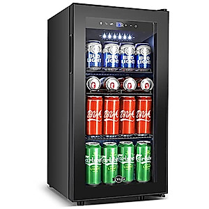 Tylza Mini Beverage Cooler Refrigerator Freestanding, 130 Cans Beverage Fridge with Glass Door for Beer Soda and Wine, Small Drink Fridge for Office or Bar with Adjustable Removable Shelves