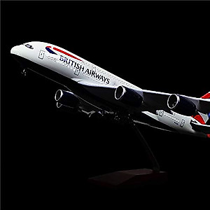 24-Hours 18" 1:160 Scale Diecast Plane Model British Airways A380 Model Airplane Collection with LED Light(Touch or Sound Control) for Decoration or Gift