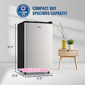 WANAI 3.2 Cu.Ft Mini Fridge with Freezer, Single Door Small Compact Refrigerator with 5 Adjustable Thermostat, LED Light, 3 Removable Shelves for Office, Dorm, Bedroom, Apartment, Kitchen Silver
