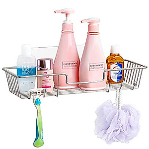 iPEGTOP Adhesive Shower Caddy Bathroom Shelf Storage with Hooks for Shampoo Conditioner Holder Kitchen Organizer Basket, No Drilling Wall Mounted, Rustproof Stainless Steel