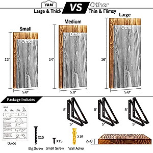 Y&M Floating Wall Shelves, Set of 3 Carbonized Pine Wood Wall Mounted Shelf with Black Metal Brackets, Decorative Storage for Bedroom, Bathroom, Farmhouse, Modern Home Decor - Rustic Brown and Black