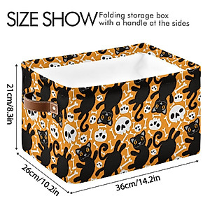 Halloween Black Cat Skulls Storage Basket Bins Decorative Toy Laundry Basket Organization with Handles for Living Room Clothes Nursery Closet Shelf Playroom,1 pcs