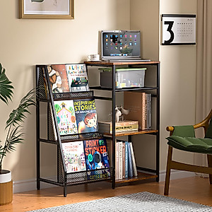 ThreeHio Vintage Bookshelf, Wooden Kids Bookshelf with 3-Tier Ladder Book Display Rack, Small Book Shelf Library Bookcase Storage Organizer, Short Wide Small Bookshelf Bookcase for HomeOffice