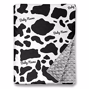 Cow Print Baby Blanket Custom Name for Newborn Boys, Super Soft Double Layer Toddler Crib Blanket, Dotted Backing, 30 x 40 inch, Cow Pattern, Personalized