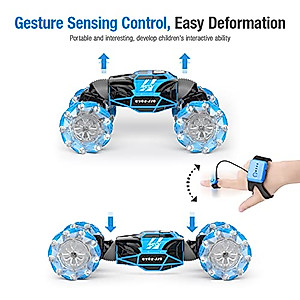 Powerextra RC Stunt Car Toys for 6-12 Year Old Kids - Big Size 4WD Remote Control Car - Gesture Sensor - Double Sided Rotating RC Car - Lights, Music - Perfect for Boys & Girls' Birthday