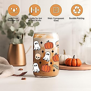 Coolife Halloween Pumpkin Ghost Skull Cups - 16 oz Pumpkins Fall Cup Mug, Can Shaped Tumbler Glass Cups w/Bamboo Lids Straws, Halloween Spooky Cups for Iced Coffee Smoothie, Goth Spooky Gifts for Her