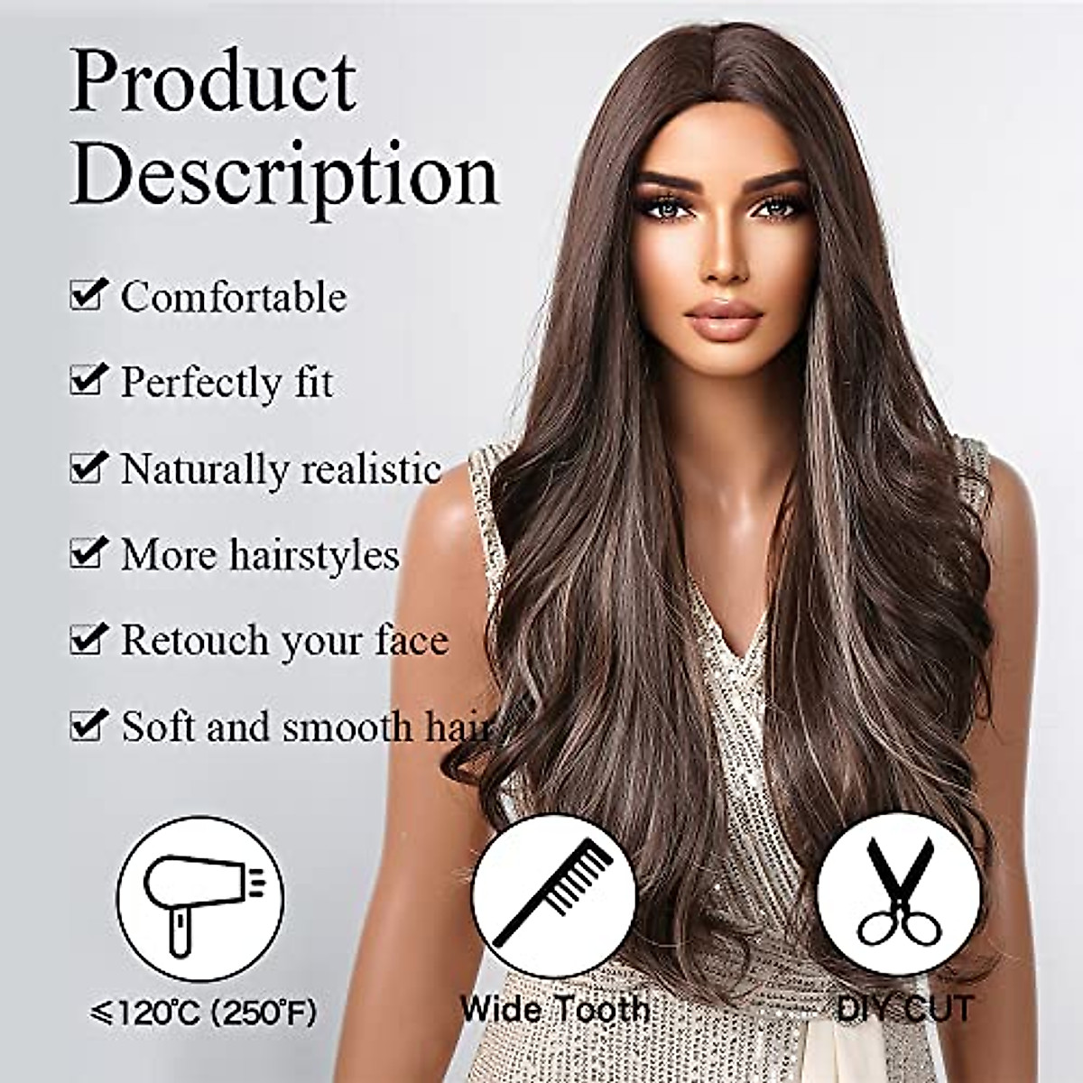 Allbell Honey Brown Long Wavy Wigs for Women 24 Inch Brown Highlights Middle Parting Curly Wig Natural Looking Heat Resistant Synthetic Hair Replacement