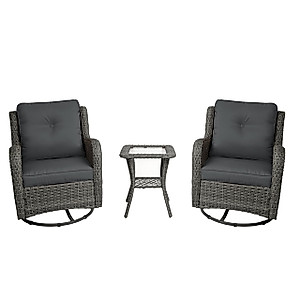 UIXE 3 Pieces Outdoor Swivel Rocking Chairs Patio Furniture Sets, PE Wicker Patio Swivel Rocker Chair Glider Bistro Set with Side Table & Thick Cushions for Porch, Pool, Deck, Garden - Dark Gray