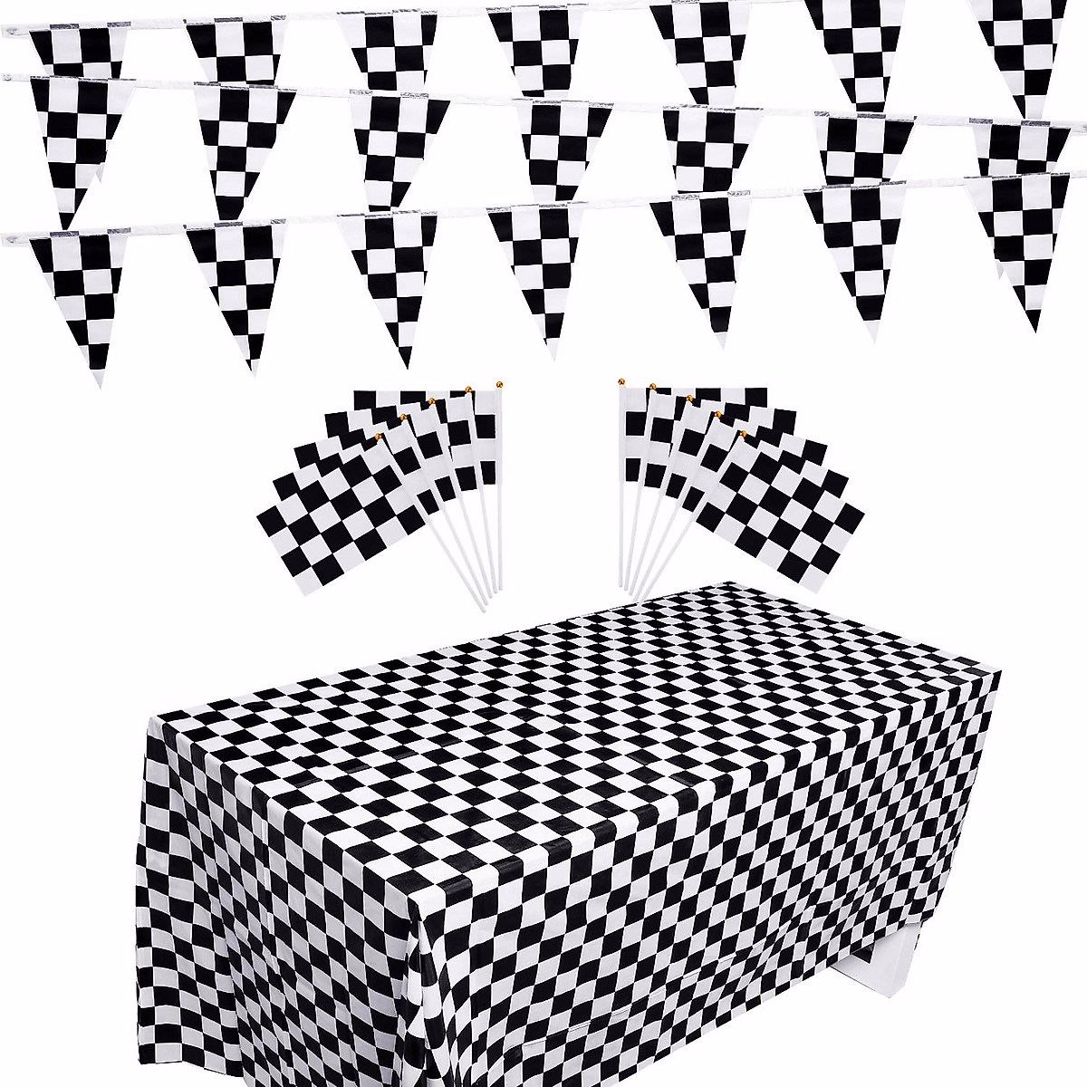 Checkered Flags Set, Race Car Flags Party Supplies Decorations Include 10 Packs Checkered Flags, 32 ft Checkered Race Flag Banner, 2 Packs Table Covers for Checkered Racing Flag Birthdays Party