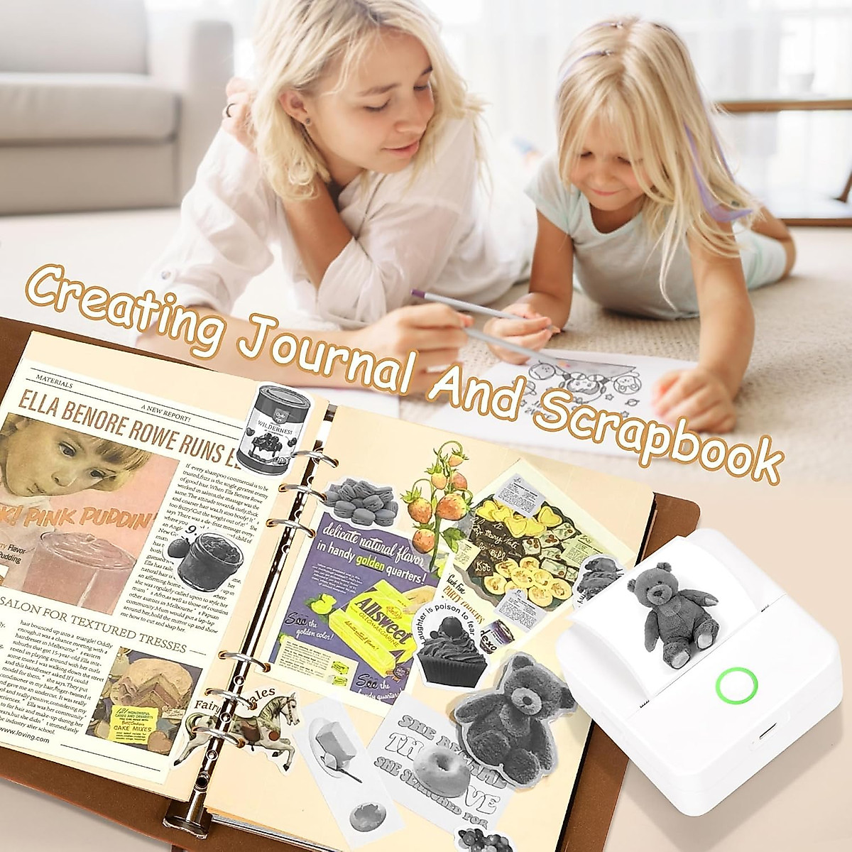 ADBAOBO Mini Sticker Printer, Portable Bluetooth Photo Printer, Pocket Thermal Printer for Study Notes, Scrapbook Supplies, Journals, Receipts, Compatible with Phone & Tablet, 1 Roll Paper, White