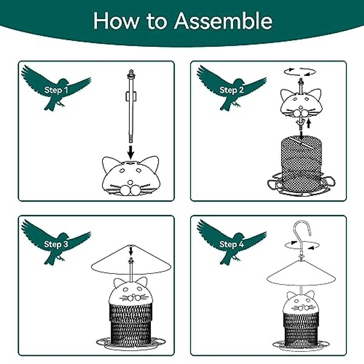 CEED4U Bird Feeder for Outdoors 4LB Seeds Retractable Large Wild Bird Feeders with Hook and Cover Metal Hanging Bird Feeders Garden Yard for Outside Cute Cat Shaped Brown