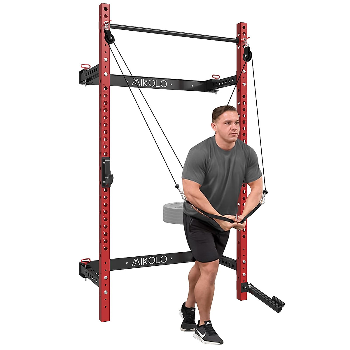 Mikolo Wall Mounted Squat Rack, Folding Power Rack with Lat Pulldown & Cable Crossover System, Power Cage with Pulley System and Training Attachments for Home Gym, Weight Capacity 1450LBS(Red)