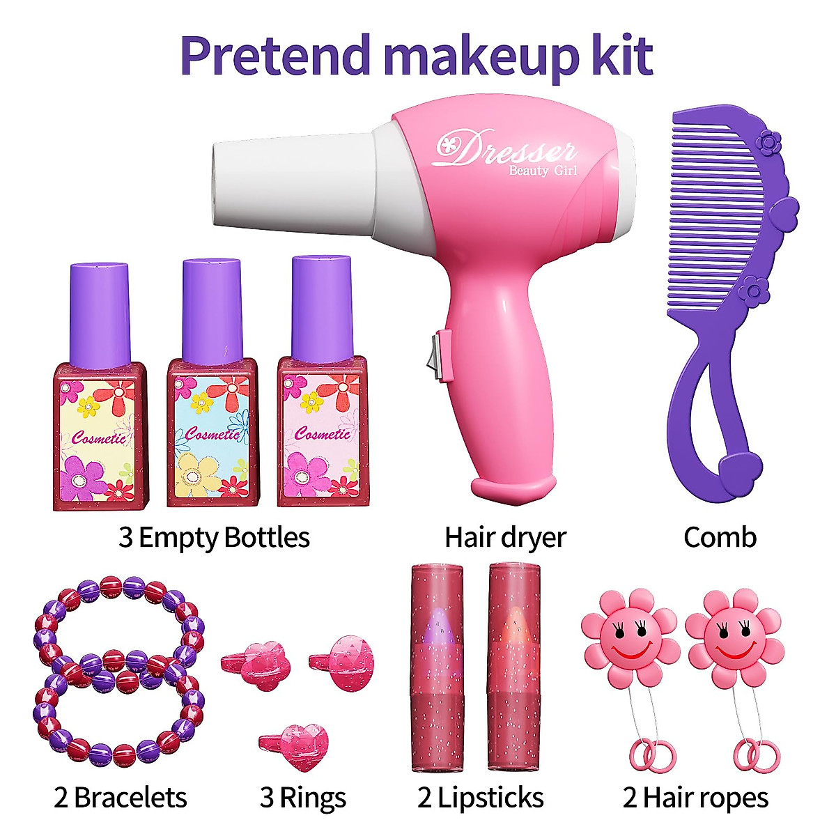 Eohemeral Toddler Makeup Table with Mirror and Chair, Kids Makeup Vanity Set with Accessories and Lights and Music Sound for Girls, Toddlers 3-5 Years Old