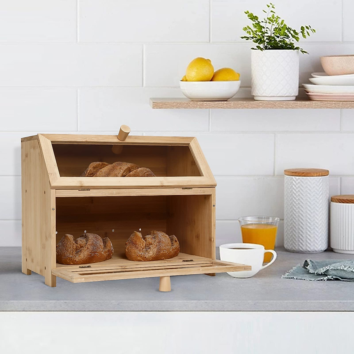 Bread Box Double Layer Bread Box for Kitchen Countertop Bamboo Bread Storage Container Bread Holder for 2 Large Loaves of Bread