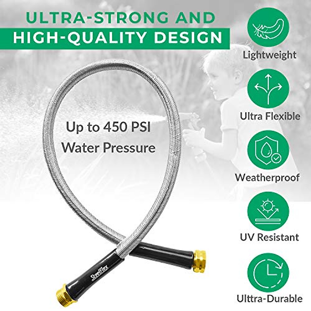 SteelFlex Leader Hose for Garden Hose Reel - 3/4” Braided Stainless Steel Outdoor Short Water Hose - Flexible, No Kinks, Tangles - Withstands Extreme Pressure, Weather, Temperature - 5 Foot Length