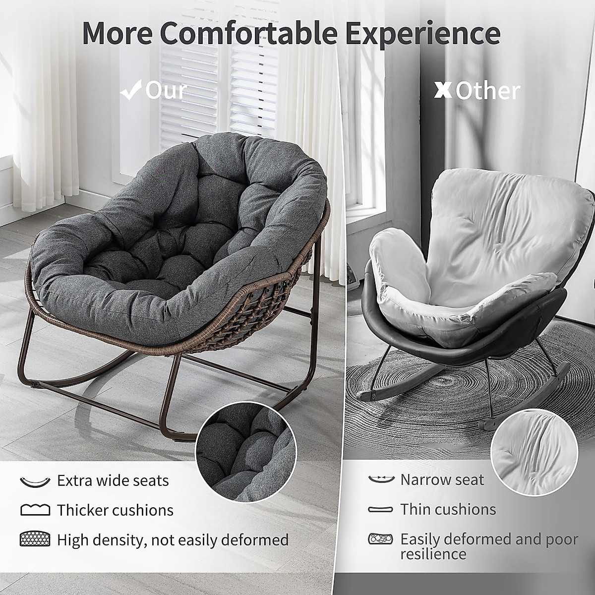 HOMEFUN Outdoor Patio Rocking Chairs, Oversized Papasan Rocking Chair Indoor with Padded Cushion - Rocker Egg Chair for Front Porch, Garden, Patio, Backyard Gray