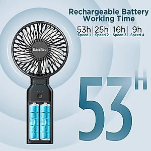 EasyAcc Handheld Fan Portable Fan, 9000 Rechargeable Battery Powered Fan Small Desk Fan, Powerful 4 Speeds 53H Cooling Time Personal Fan with Power Bank, Electric Fan for Travel Outdoor Home Office