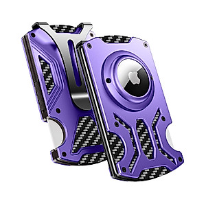 Koxsis Airtag Wallet for Men Women, Minimalist Metal Wallets with Apple Airtag Holder, 15 Credit Card Holder with Money Clip, Men's Slim Thin Front Pocket RFID Blocking Wallet, Carbon Fiber Purple