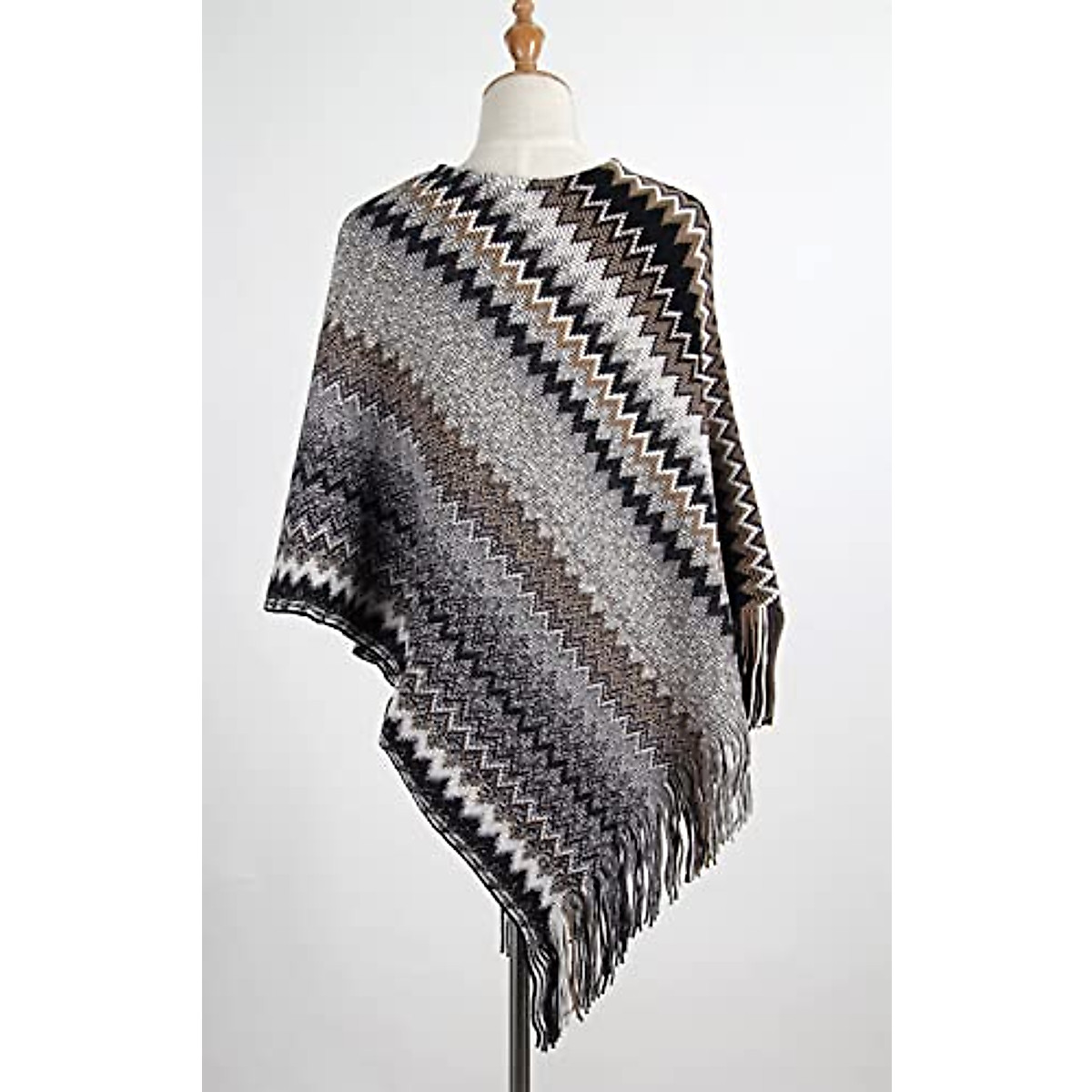 StylesILove Women Autumn Winter Knitted Zig-Zag Pullover Fringe Poncho Sweater Soft Wrap Cape Lightweight Shawl (Black)