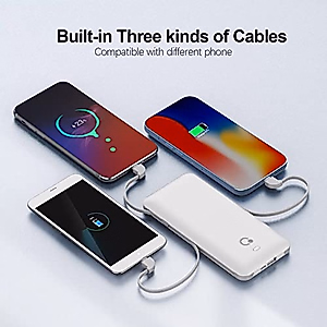 10000mAh Q Portable Charger, Ultra Slim USB C Power Bank, 4 Output Dual Input External Battery Pack with Built-in AC Wall Plug,Built in Micro and USB C Three Cables Compatible with All mobilephone