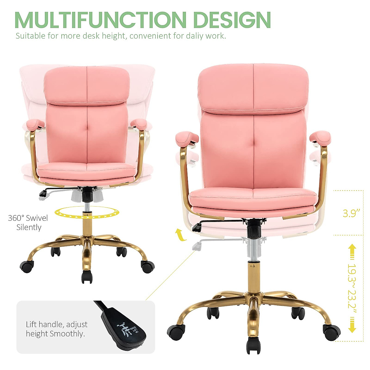 MFD LIVING Home Office Chair, Modern Upholstered Mid-Back PU Leather Task Desk Chair with Arms, Adjustable Rocking Swivel Computer Chair with Wheels (Pink)